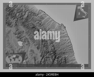 Marche, region of Italy. Grayscale elevation map with lakes and rivers ...
