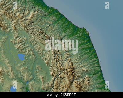 Marche, region of Italy. Colored elevation map with lakes and rivers ...