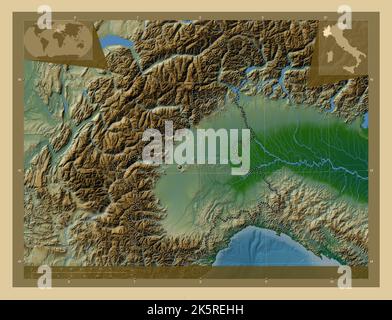 Piemonte, region of Italy. Colored elevation map with lakes and rivers ...