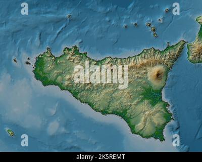 Sicily, autonomous region of Italy. Colored elevation map with lakes ...