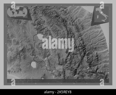 Umbria, region of Italy. Grayscale elevation map with lakes and rivers ...
