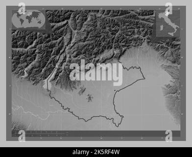 Veneto, region of Italy. Grayscale elevation map with lakes and rivers ...