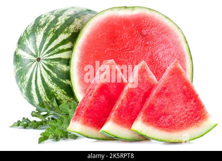 Three slices of watermelon with half and whole watermelon isolated on ...