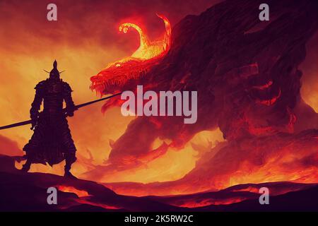 knight with a sword facing the lava demon in hell, digital art style ...