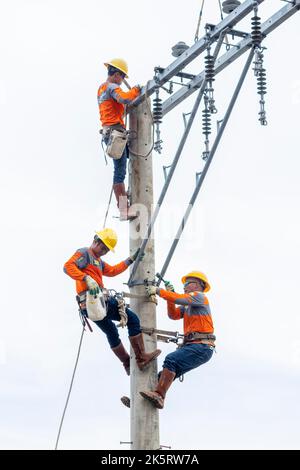 Linemen from a power company restoring power after Typhoon Odette in ...