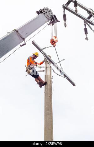 A lineman from a power company restoring power after Typhoon Odette in ...