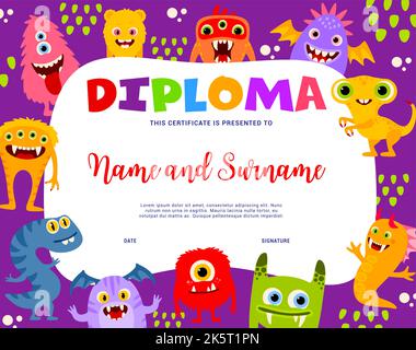 Kids diploma. Cartoon monster characters. Kindergarten child ...