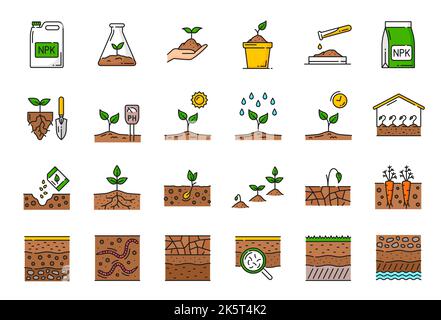 Soil NPK fertilizer agriculture color line icon. Soil and harvest ...