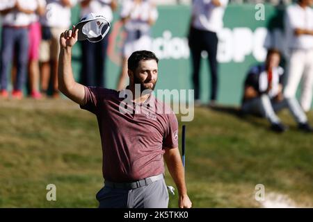 Jon Rahm, of Spain, reacts after missing a putt on the third hole ...