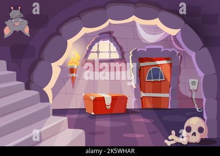 Cartoon vector medieval dungeon prison with ghost character background ...