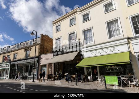 Clementine cafe (green awning) situated on Queen's Circus in Cheltenham ...