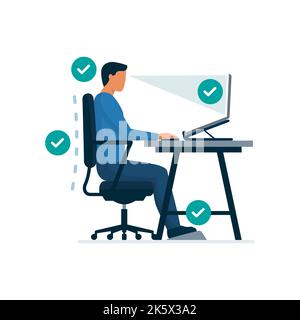 Ergonomic workspace and proper sitting posture at desk, man sitting ...