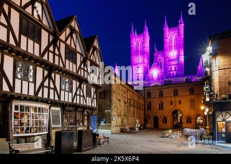 Lincoln Cathedral lit up purple Stock Photo - Alamy
