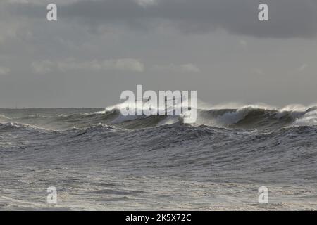 Long stormy wave seeing a ship on the horizon. Northern portuguese ...
