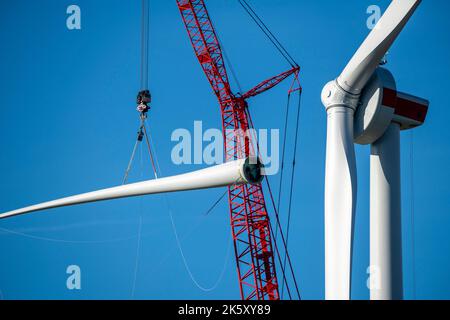 Assembly of a wind turbine, the last rotor blade is being mounted ...