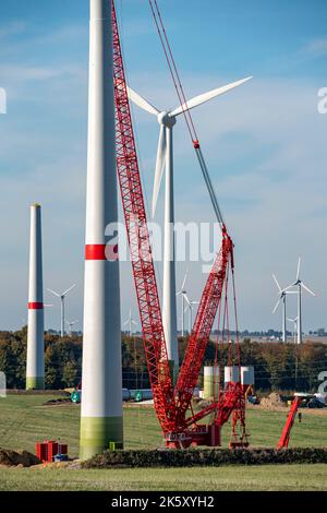 Assembly of a wind turbine, the last rotor blade is being mounted ...