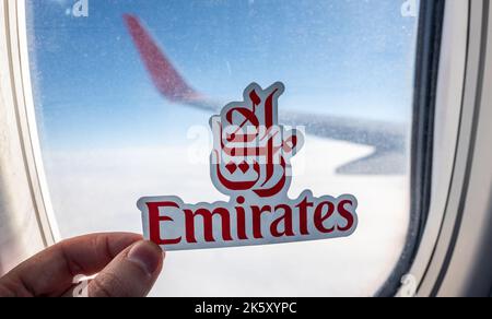December 6, 2021, Dumbai, UAE. The emblem of the airline Emirates on ...