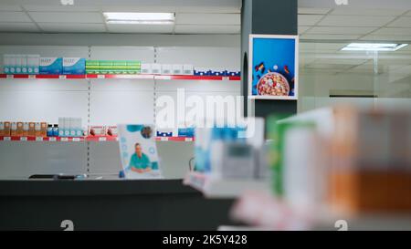Empty drugstore filled with pharmaceutical products and drugs ready for ...