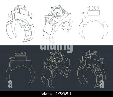 Stylized vector illustration of blueprints of tree grabber and loader ...