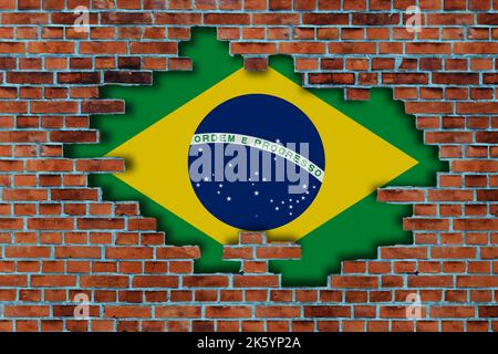 3D Flag of Brazil behind the broken old stone wall background Stock ...