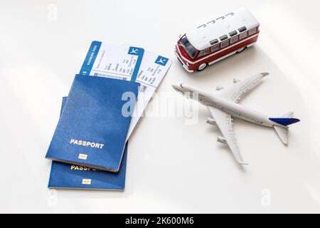 Mini toy bus, plane, passports, tickets travel idea for trip Stock ...