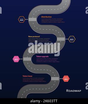 Roadmap with winding road and stop signs on stages on dark blue ...