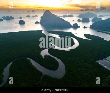 Aerial view of Samet Nangshe Viewpoint at sunset during rainy season ...