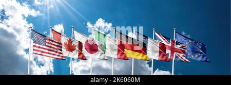 G7 summit or meeting concept. Row from flags of members of G7 group of ...