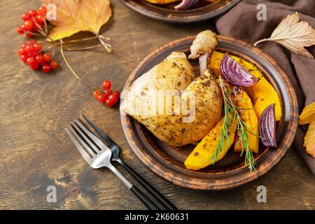 Homemade Thanksgiving dinner ripe pumpkin and Thanksgiving turkey on a ...
