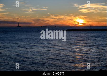 Isola Sant'Andrea Lighthouse seen on the horizon in the Ionian Sea next ...