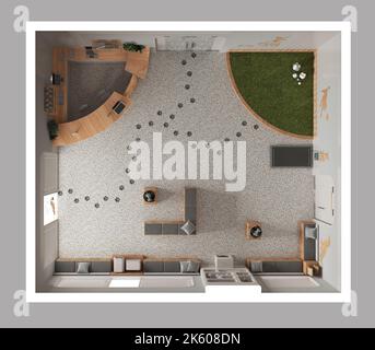 Veterinary clinic waiting room in white and wooden tones. Reception ...