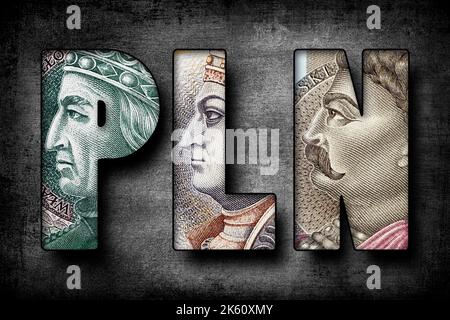 Inscription PLN text made of Polish Banknotes, currency symbol concept ...