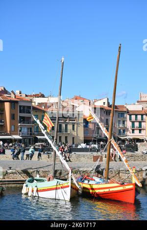 Traditional Catalan boats, Collioure, Pyrenees-Orientales, Southern ...