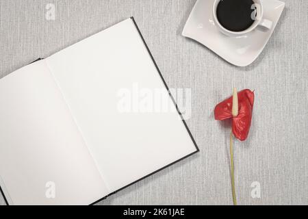 Open book on a workspace with sheets without writing Stock Photo - Alamy
