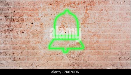 Composite of digital green notification bell icon glowing against old ...