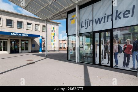 Local De Lijn bus hub at the train station of Ieper, West Flanders ...