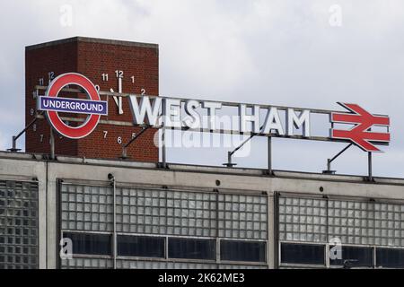 West Ham underground, tube, rail station sign London England United ...
