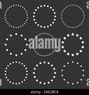 White stars of various sizes arranged in a circle. Round frame, border. Black star outline ...
