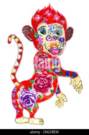 Red monkey with flowers decor hand drawn illustration Stock Photo - Alamy
