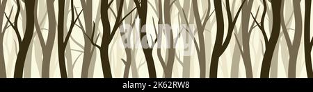 Wild forest with various coniferous or deciduous trees. Wide horizontal ...
