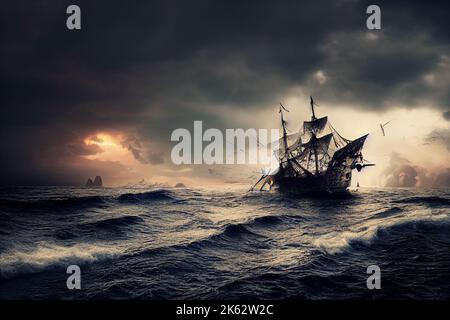 Pirate ship in storm with torn sails. 3D illustration Stock Photo - Alamy