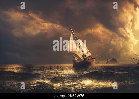 Pirate ship in storm with torn sails. 3D illustration Stock Photo - Alamy