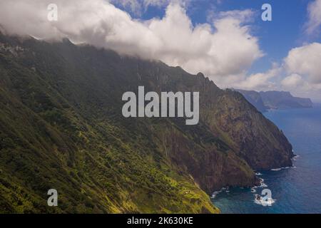 Drone photography of Madeira island cloudy mountains during summer day ...