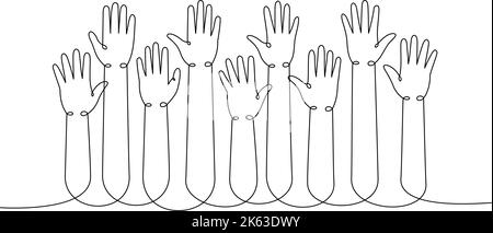 Hands raised up one line continuous drawing. Collaboration, solidarity ...