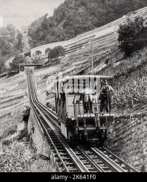 Vintage 19th century photograph: funicular steam train, engine, on a ...