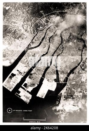 Aerial view of the city of Hiroshima, Japan, with the aiming point of ...