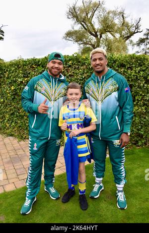 Darlington, UK. 11 Oct 2022. Steven Marsters is pictured performing the Haka as the Cook Islands ...