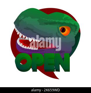 Dinosaur with speech bubble saying Open word. Tyrannosaurus Rex with ...