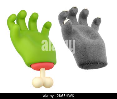 3d furry wolf and zombie hands holding eyeball set in plastic cartoon ...