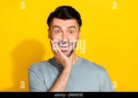 Photo of funny impressed shocked young man wear plaid shirt bow tie big ...
